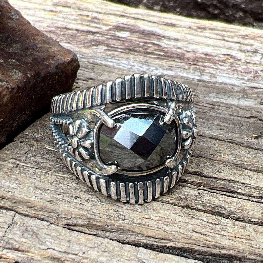Vintage Carolyn Pollack Relios Faceted Hematite Sterling Silver Flower ...