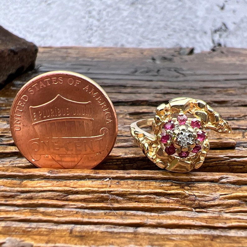 Rubies and Diamond 14k Yellow Gold Nugget Flower Ring - US Size 5.5 ...