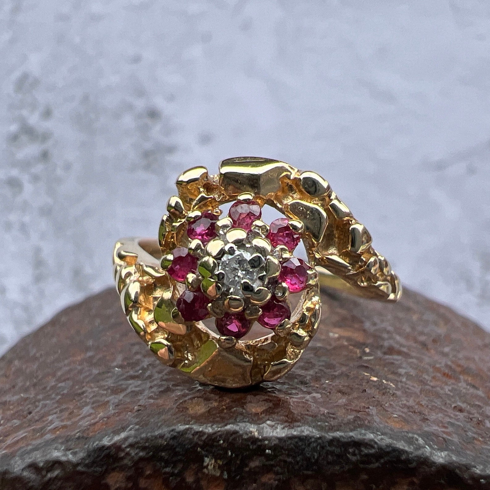 Rubies and Diamond 14k Yellow Gold Nugget Flower Ring - Vintage Estate ...