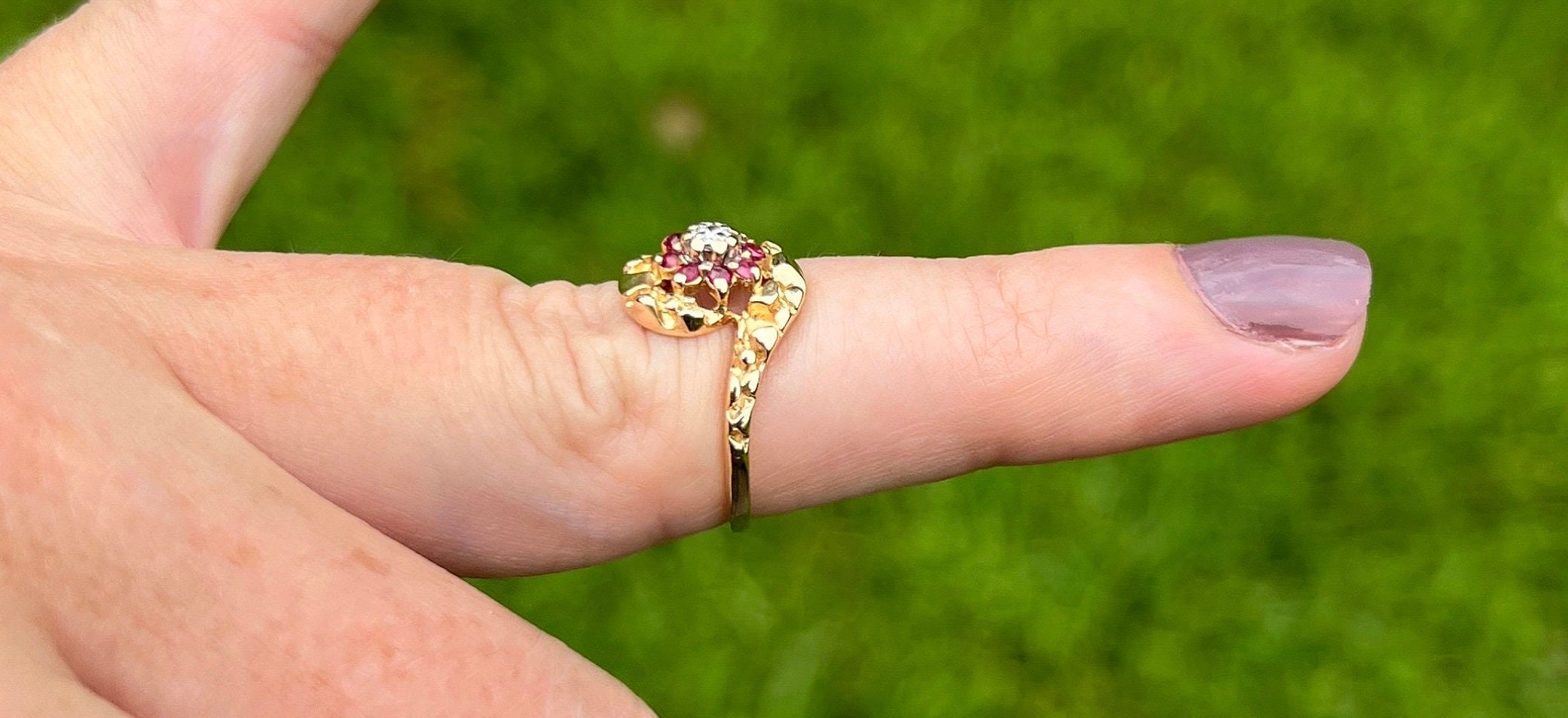 Rubies and Diamond 14k Yellow Gold Nugget Flower Ring - Vintage Estate ...