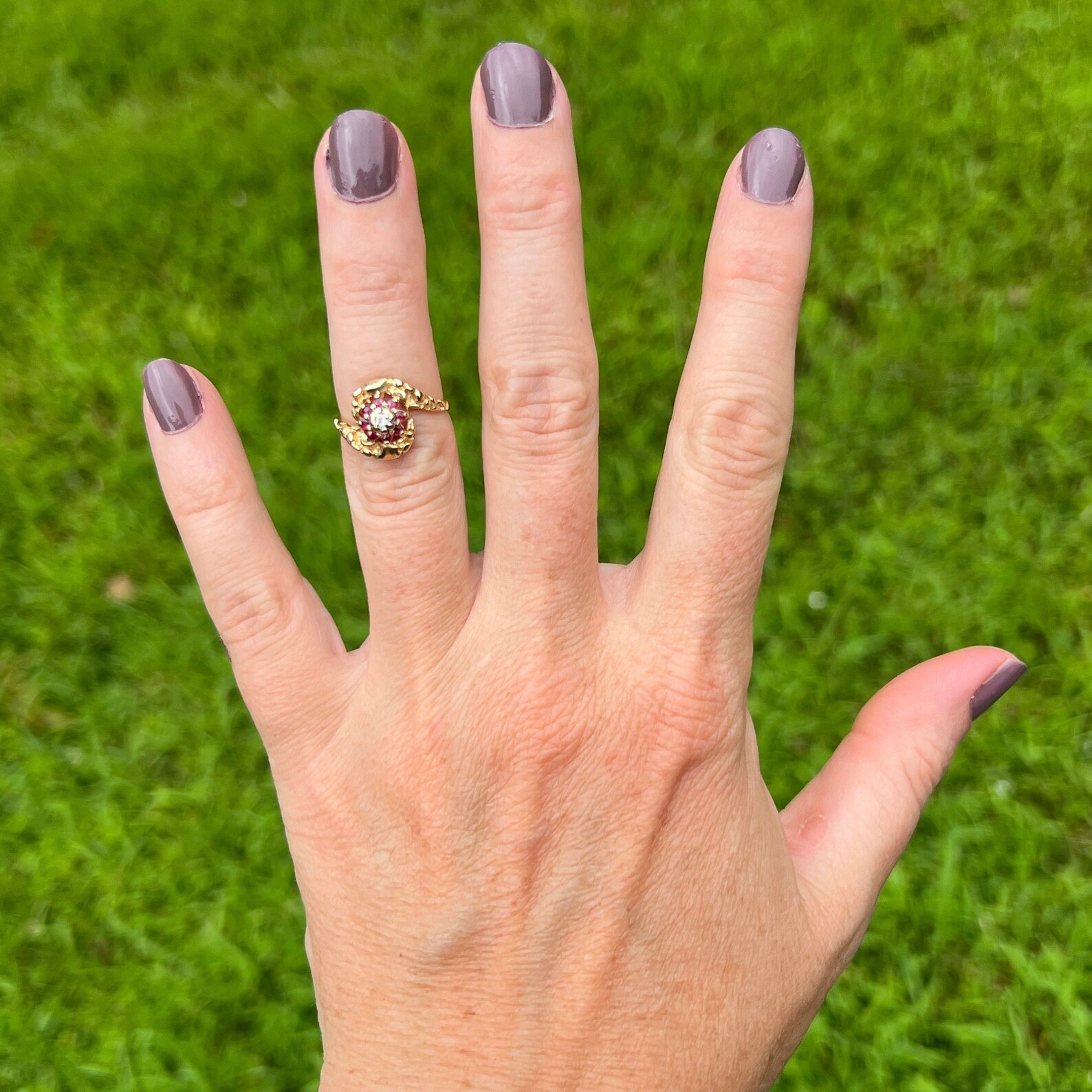 Rubies and Diamond 14k Yellow Gold Nugget Flower Ring - US Size 5.5 ...