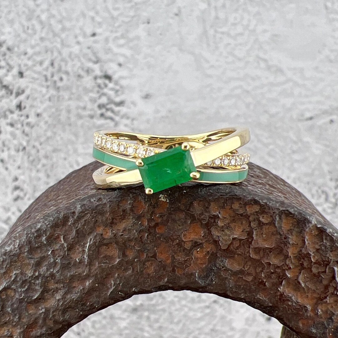 14k EFFY Emerald / Diamond / Enamel Crossover 14k Yellow Gold Ring - US ...