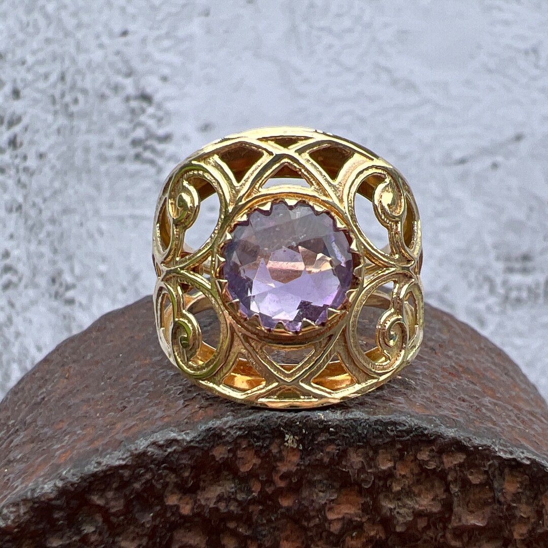 Checkerboard Cut Amethyst 14k Yellow Gold Filagree Ring - Vintage ...