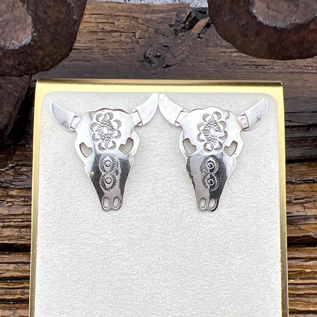 Steer / Cow / Bison Skull 925 Sterling Silver Earrings - Vintage Estate ...