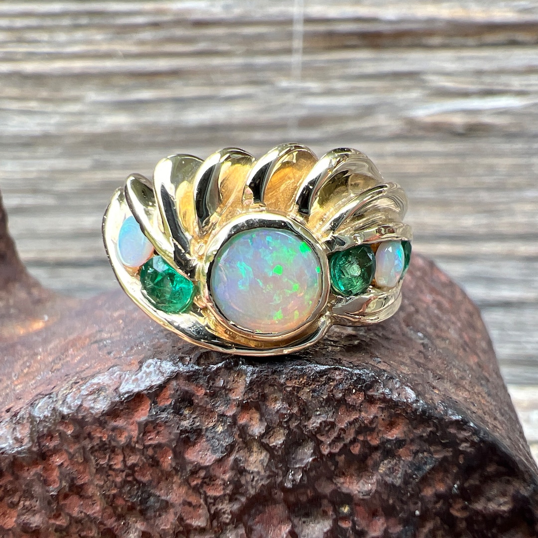 Vintage Estate 14K Emeralds and Opals Gold Ring - Etsy