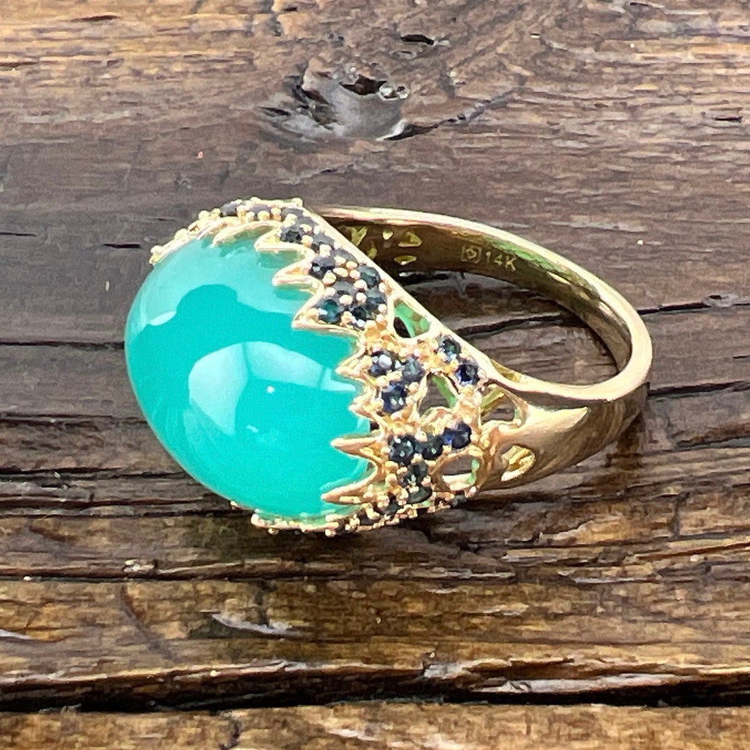 Blue Green Chrysoprase Accented by Sapphires 14k Yellow Gold Ring ...