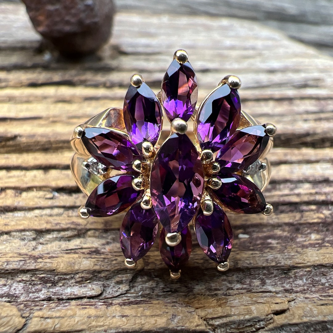 Vintage Estate 10k Large Amethyst Flower and Diamond Accented Gold Ring ...