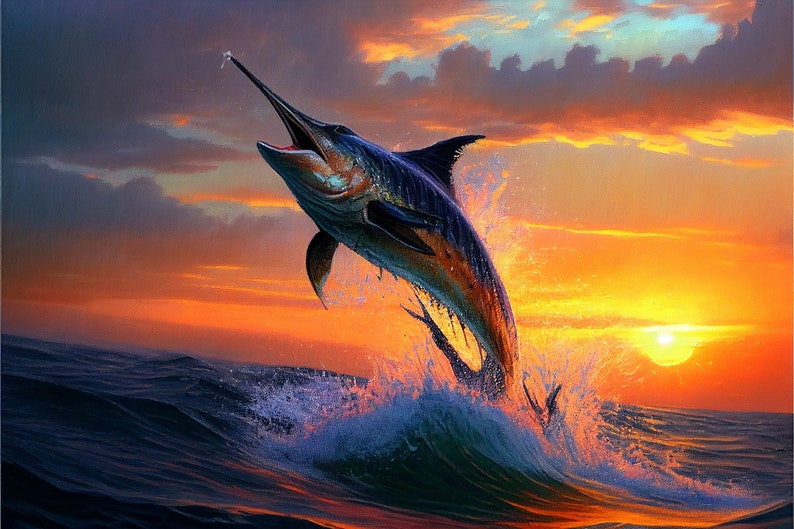 Printable - Oil Painting of Marlin at Sunset Wall Art Digital Download ...