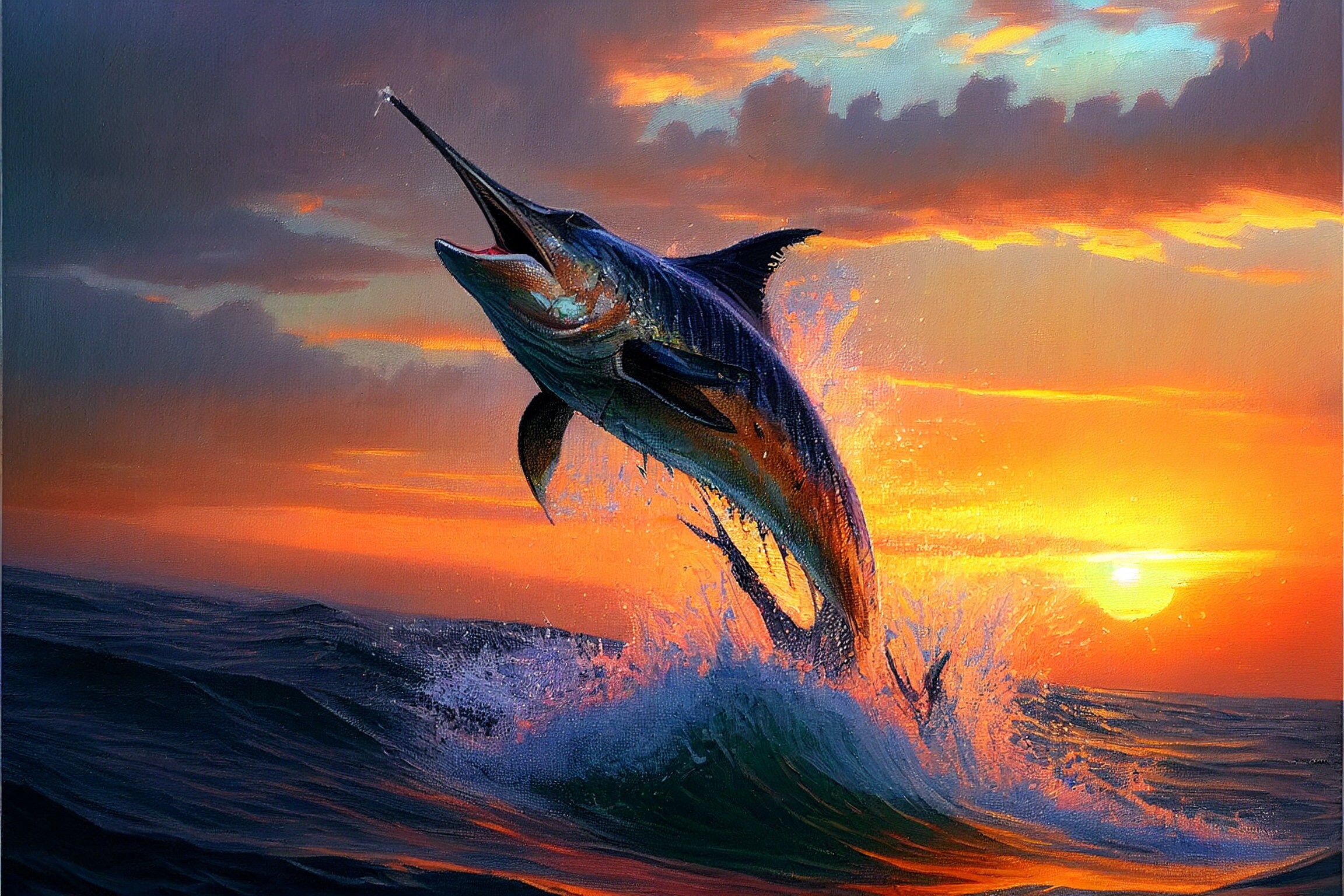 Printable - Oil Painting of Marlin at Sunset Wall Art Digital Download ...