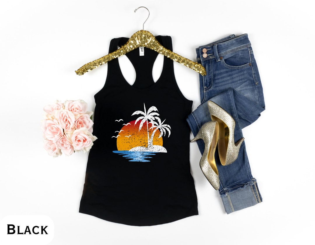 Retro Tropical Sunset Summer Racerback Tank Top, Vintage Palm Tree Tank ...
