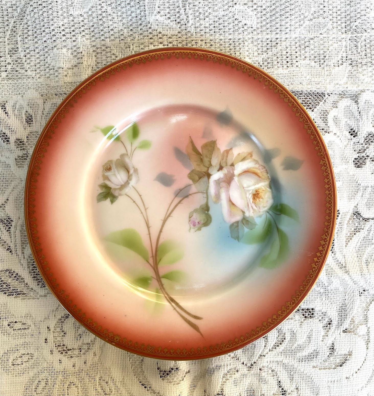 Antique Victoria Austria Plate Hand Painted, White Roses, Gold Filigree ...