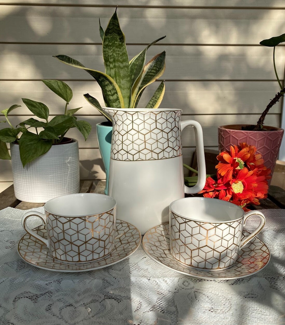 GRACE'S TEAWARE Gold Geometric Cube Pitcher and 2 Flat Cup & Saucer ...