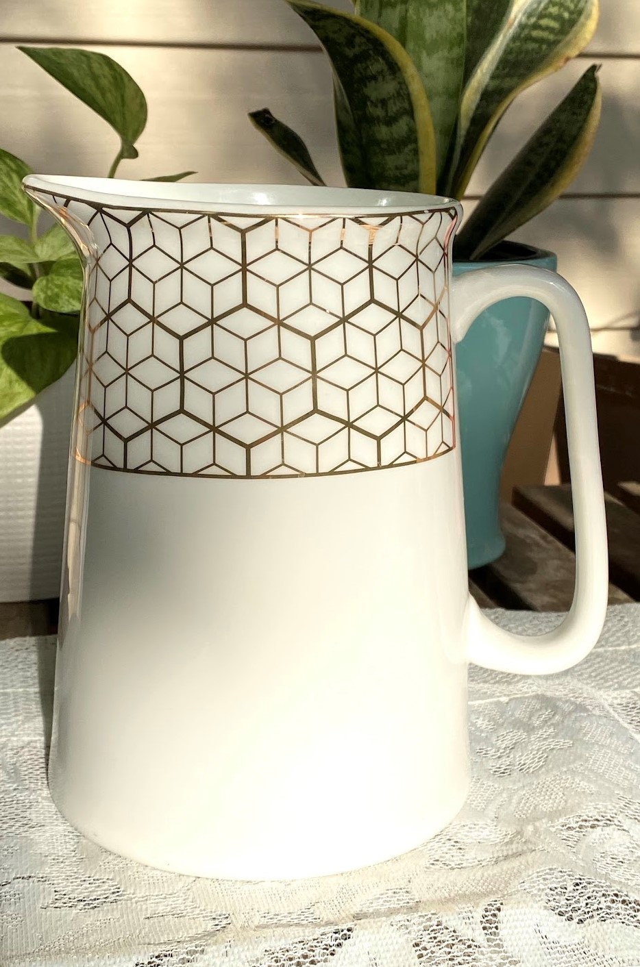 GRACE'S TEAWARE Gold Geometric Cube Pitcher and 2 Flat Cup & Saucer ...