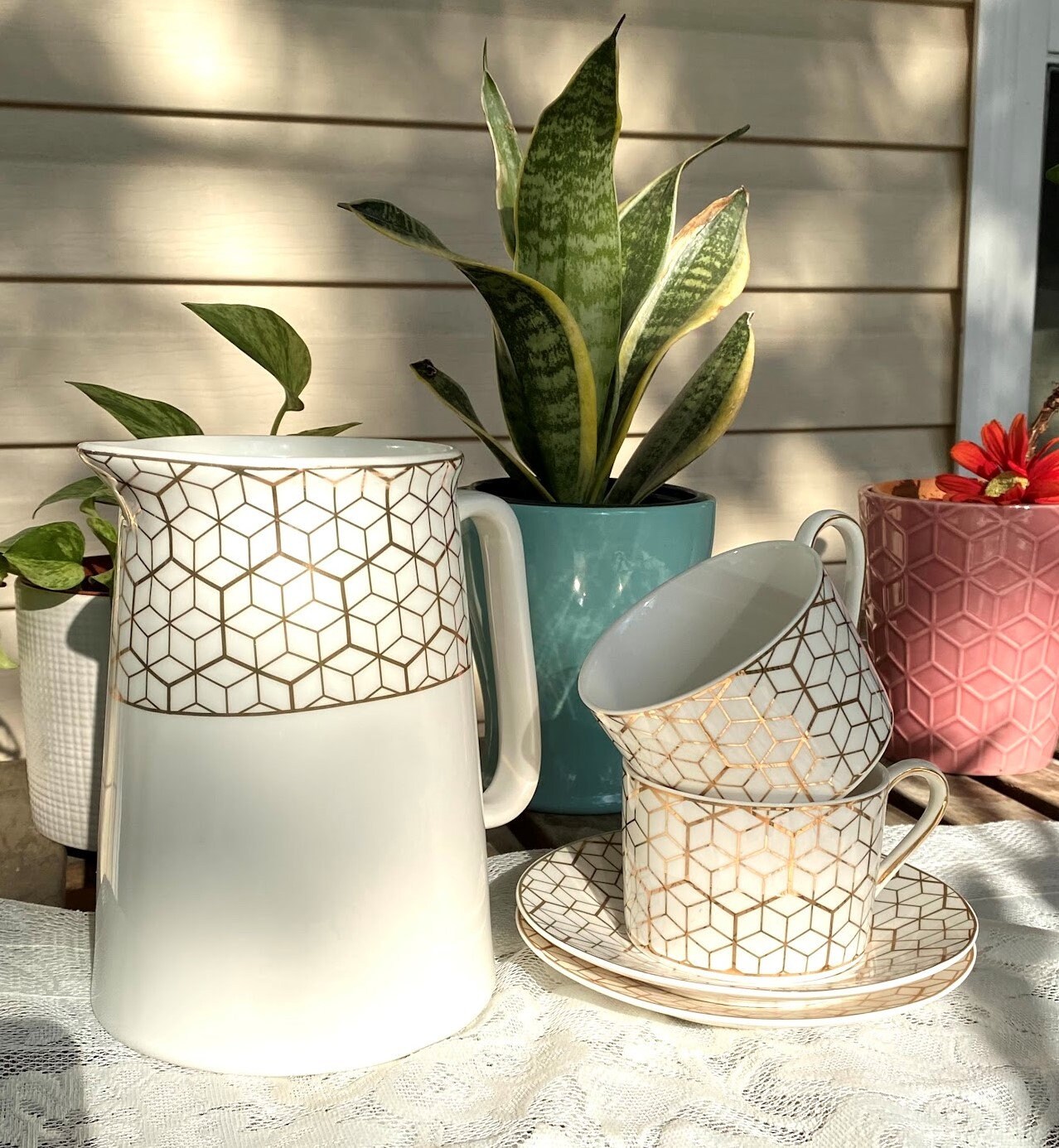 GRACE'S TEAWARE Gold Geometric Cube Pitcher and 2 Flat Cup & Saucer ...