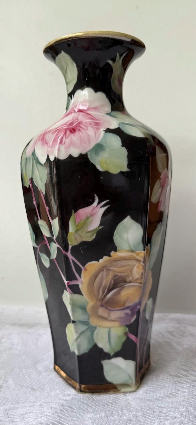 Antique Hand-painted Nippon MORIMURA Pair of Vase – Hexagonal, Pink ...