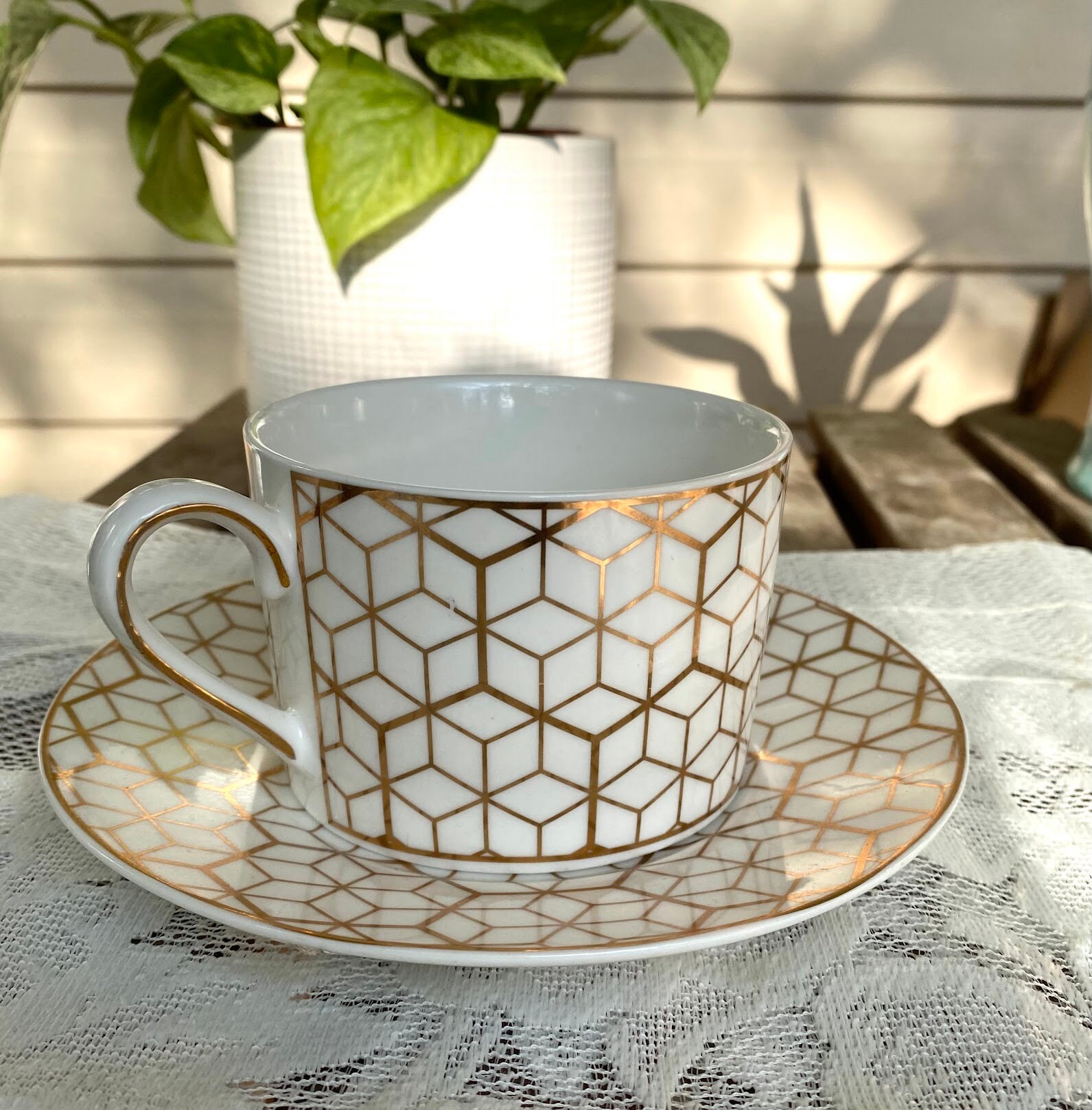 GRACE'S TEAWARE Gold Geometric Cube Pitcher and 2 Flat Cup & Saucer ...
