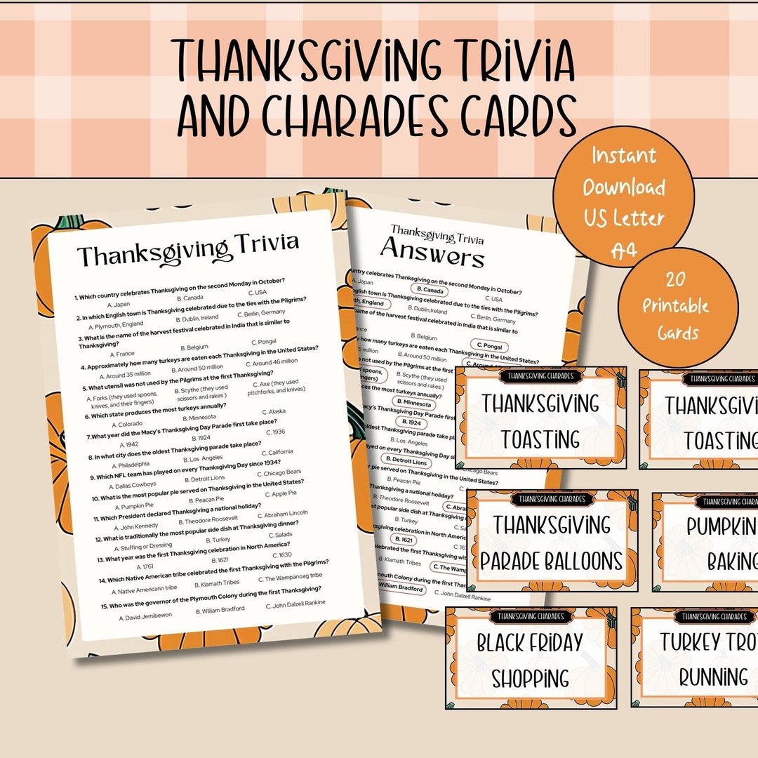 Thanksgiving Day Trivia and Charades, Turkey Day Party Games ...