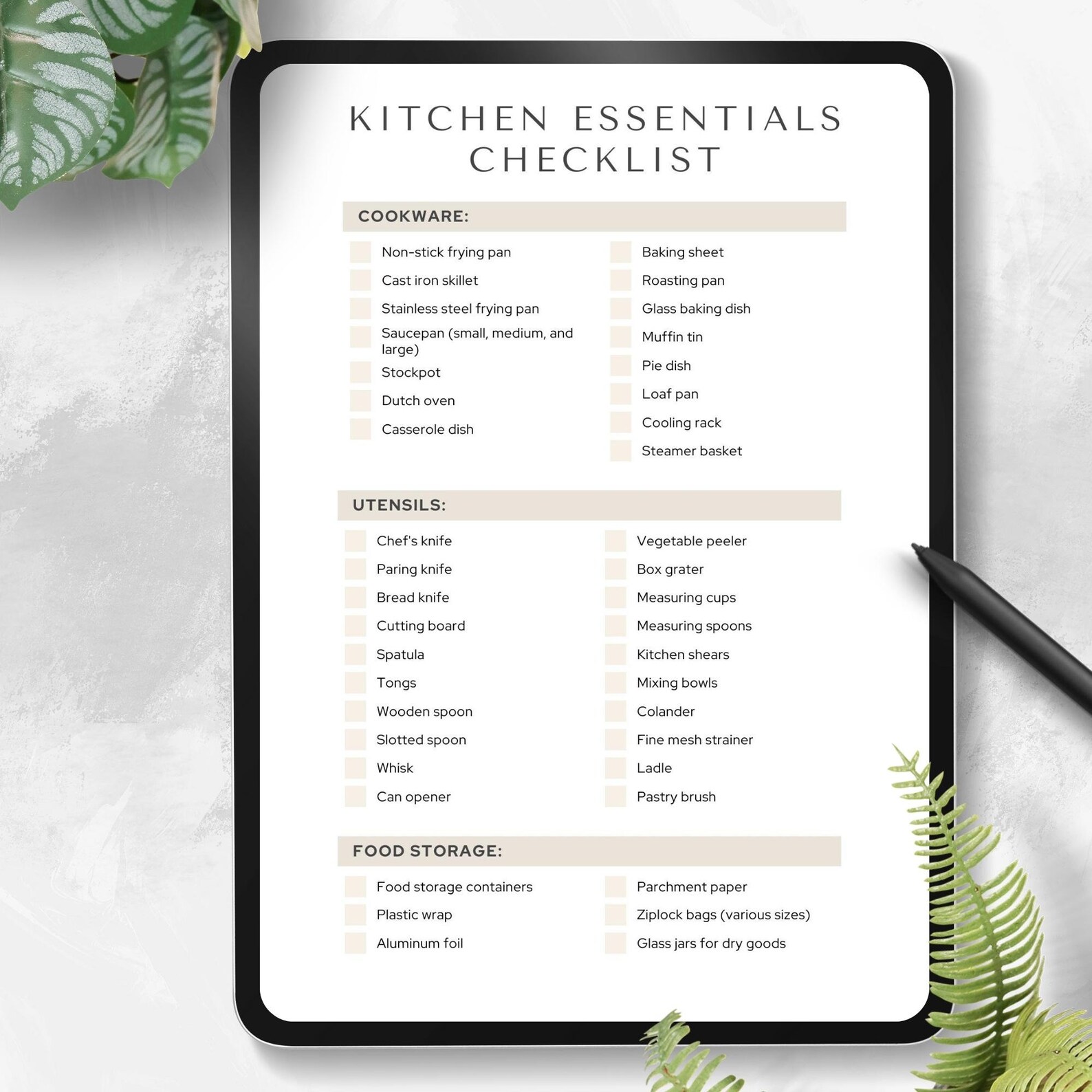 Kitchen Essentials Checklist, Appliance and Utensil Inventory List, New ...
