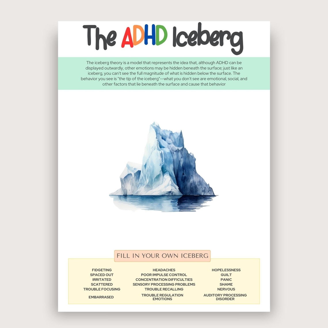 ADHD Worksheets for Kids, Iceberg and Infographic Handouts, Group ...