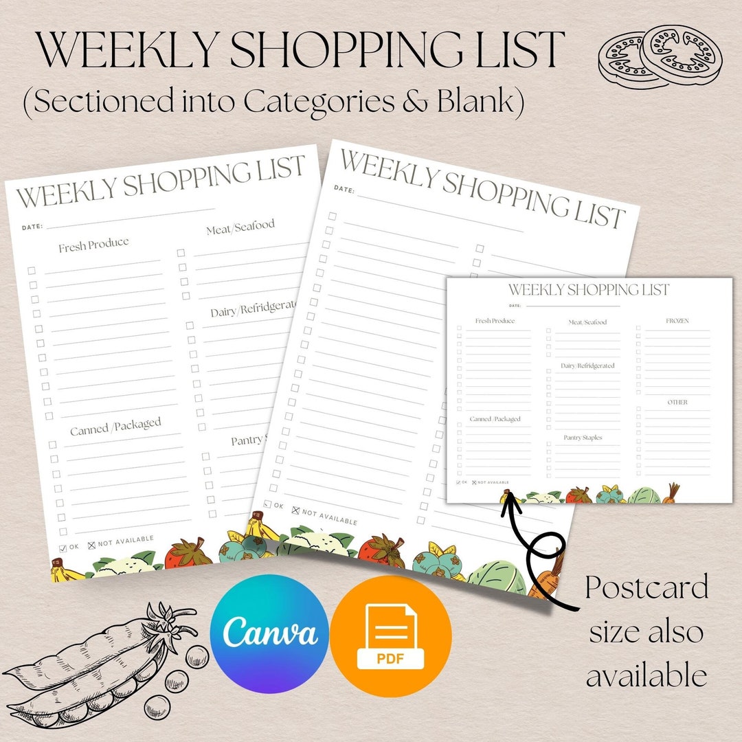 Weekly Grocery List Template, Food Shopping Planner (PDF & Canva) - Etsy