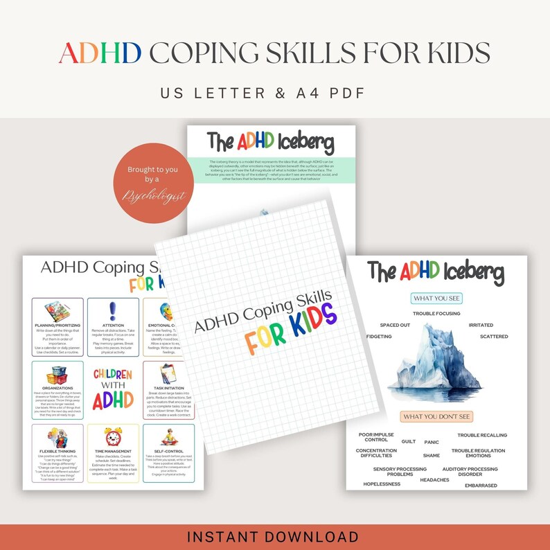 ADHD Worksheets for Kids, Iceberg and Infographic Handouts, Group ...