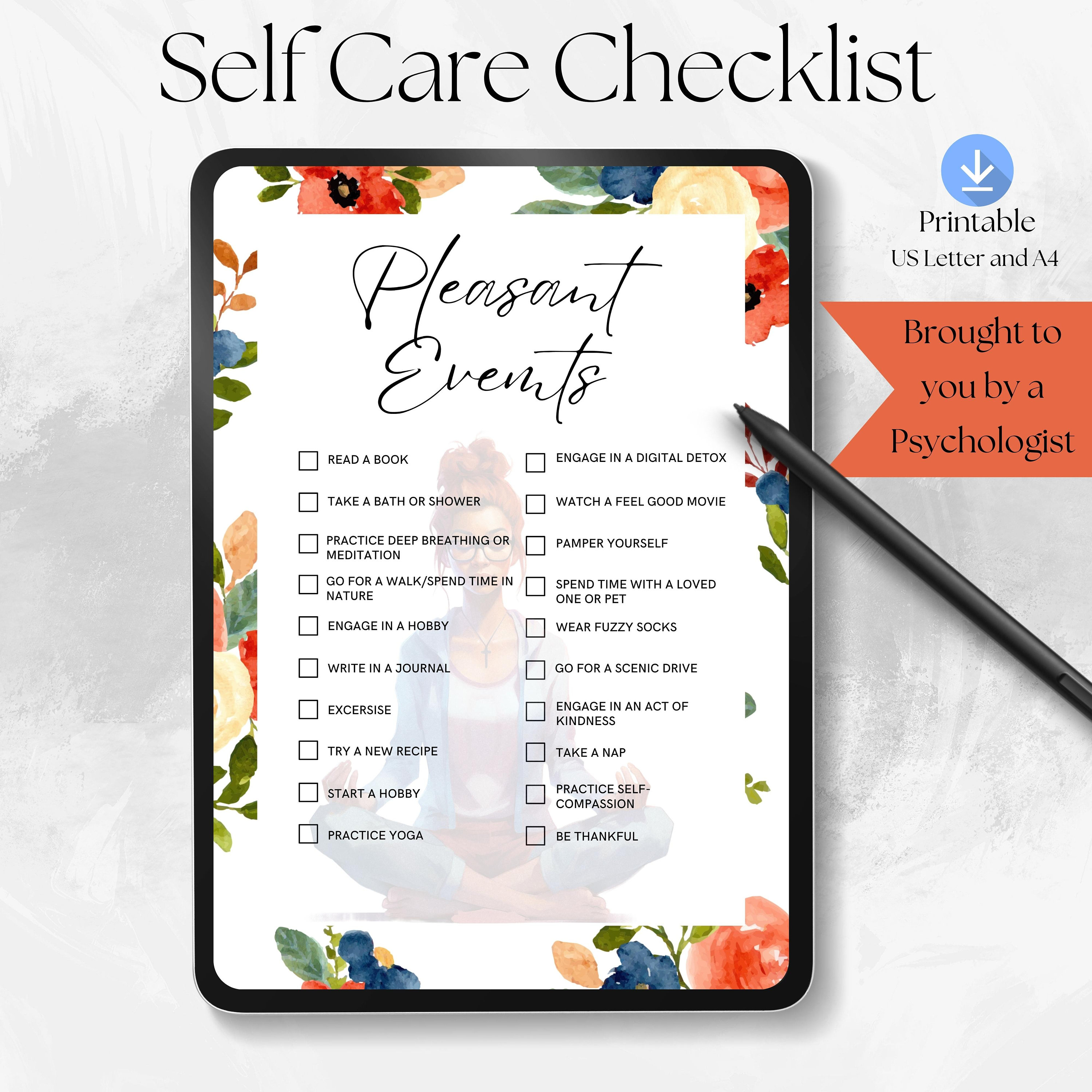 Mental Health Checklist Worksheet, Pleasant Events, Positive Activity ...