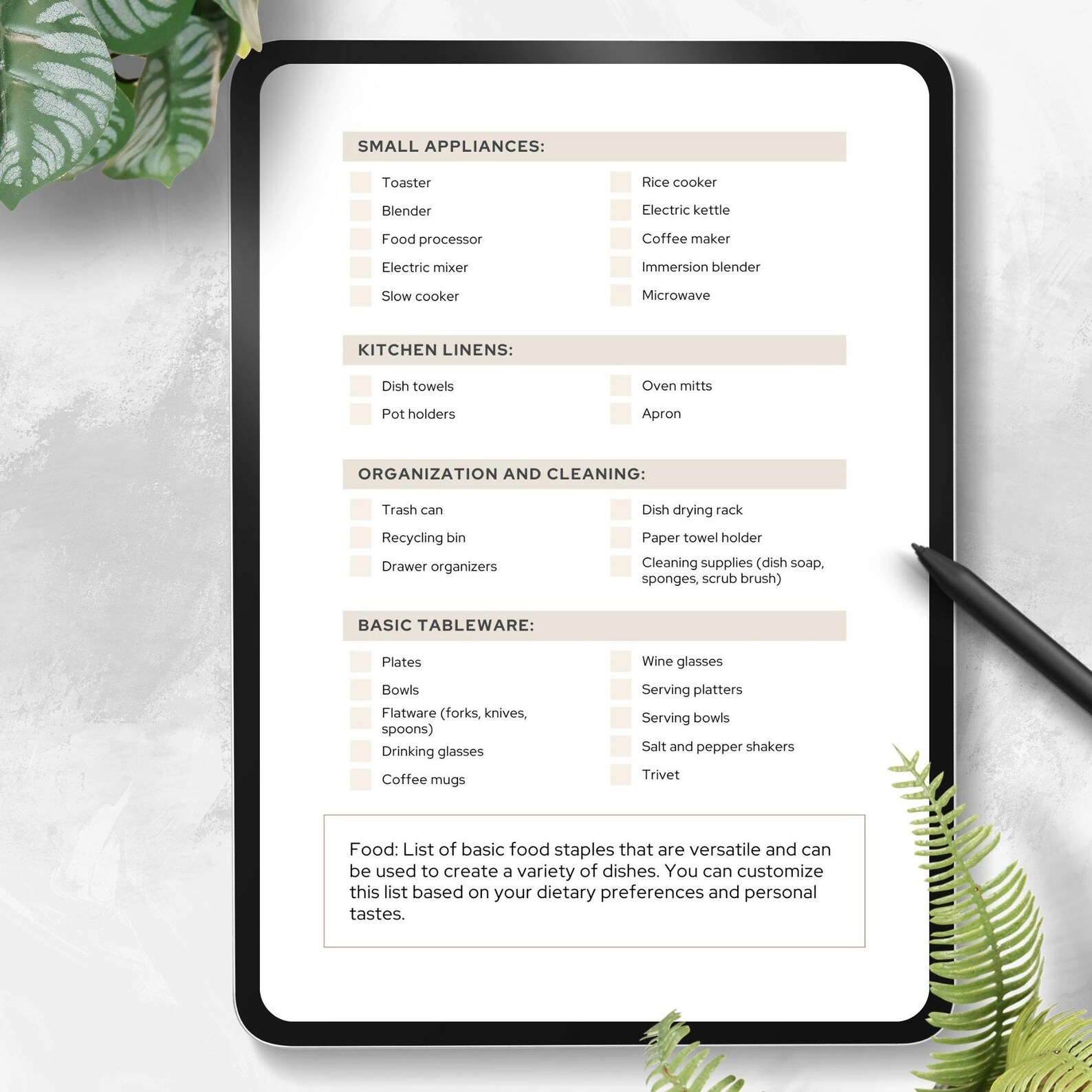 Kitchen Essentials Checklist, Appliance and Utensil Inventory List, New ...