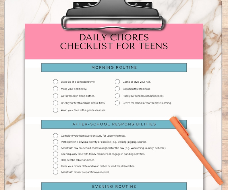 Chore Chart for Teens | Kids Daily Weekly Schedule | Responsibility ...