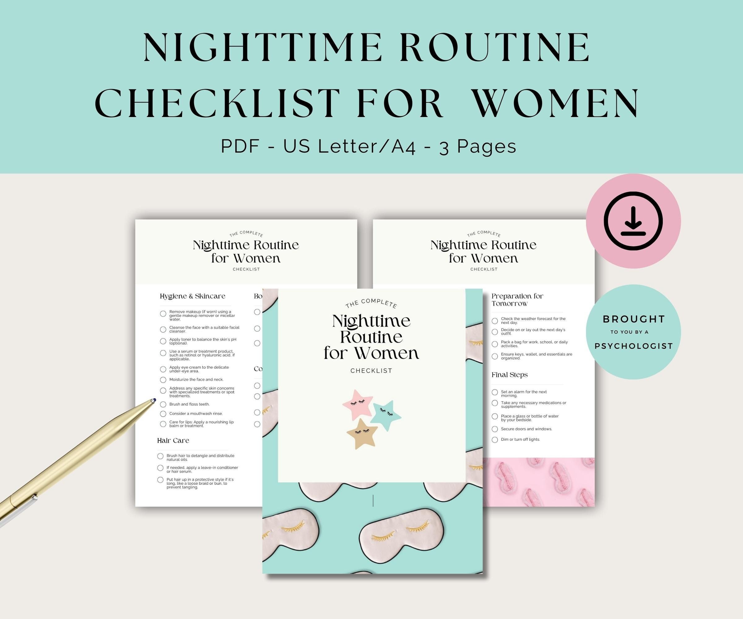 Nightime Routine Checklist for Women, Instant Download, Routine Chart ...