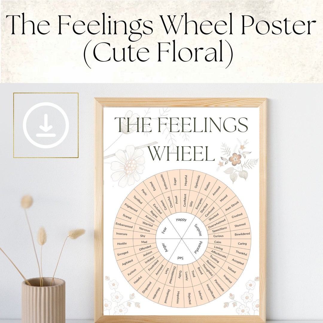 Feelings Wheel Floral, Digital Mental Health Poster for Anxiety Relief ...