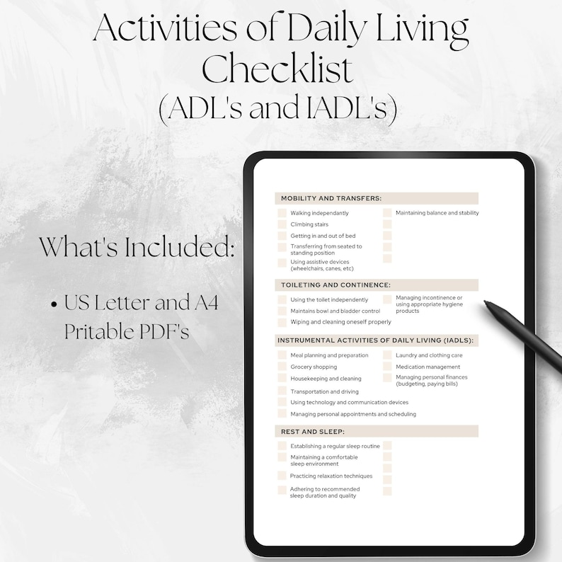 Activities of Daily Living Checklist, Senior Home Health, Independent ...