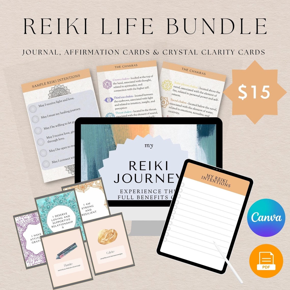 Reiki Journal Bundle - Chakras - Crystal Cards - Affirmation Cards ...
