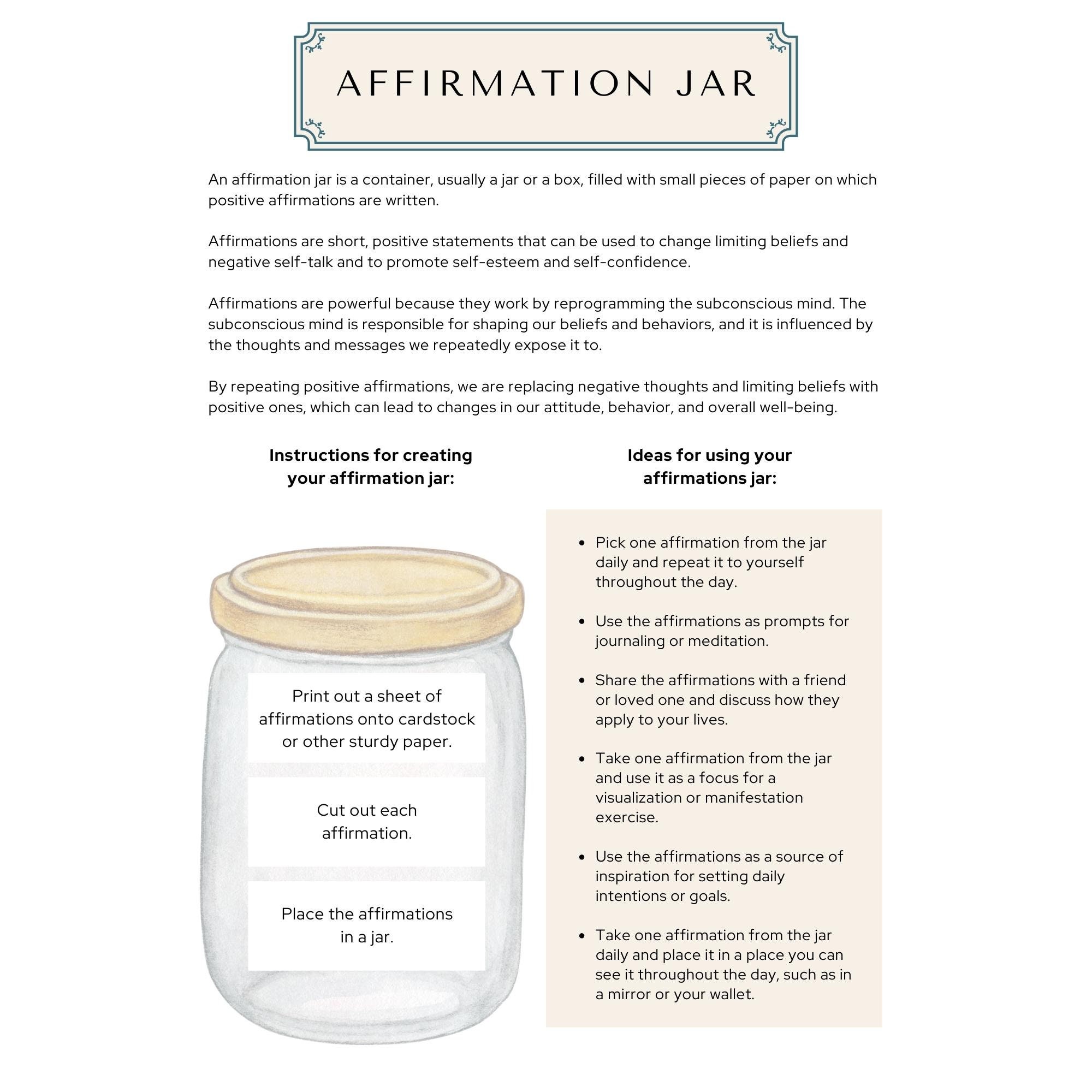 Affirmation Jar Handout Motivational Activity Handout for Therapists ...
