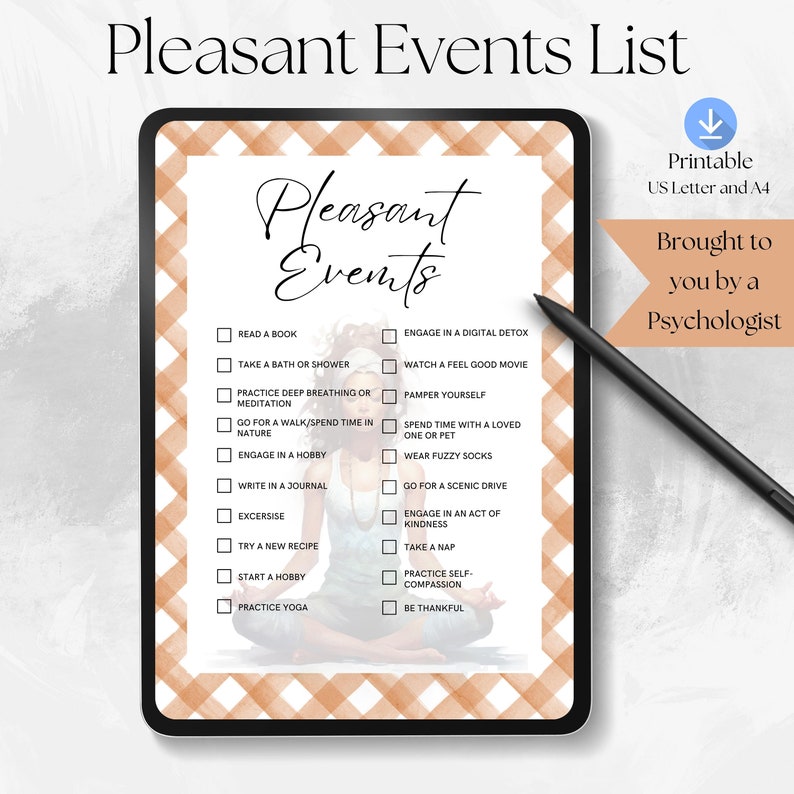 Self Care Worksheet, Pleasant Events Checklist, Positive Activity ...