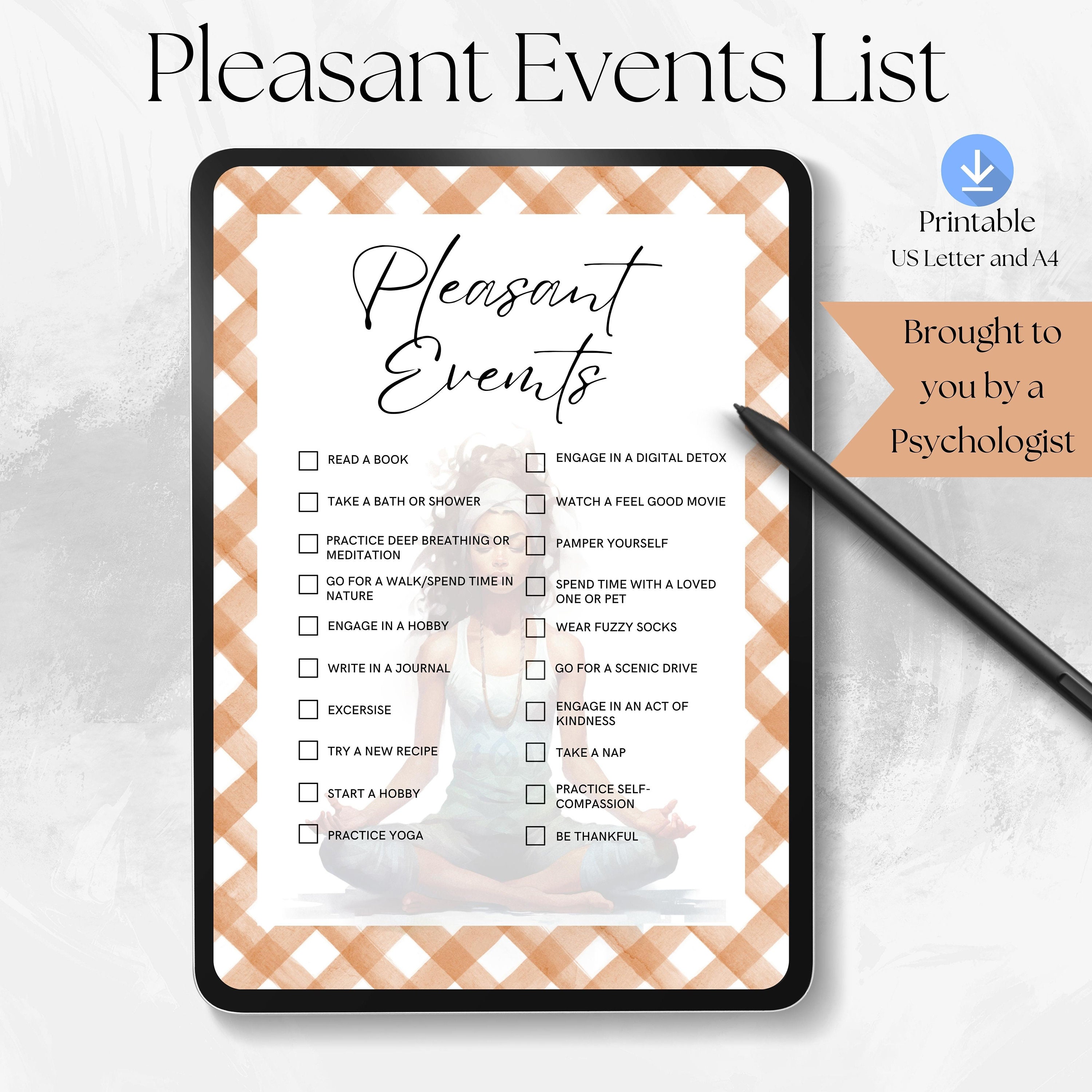 Self Care Worksheet Pleasant Events Checklist Positive - Etsy
