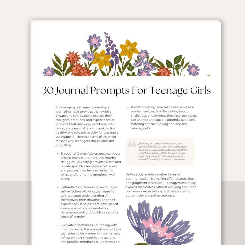 Journal Prompts for Teenage Girls, 30 Writing Prompts, Self-care ...