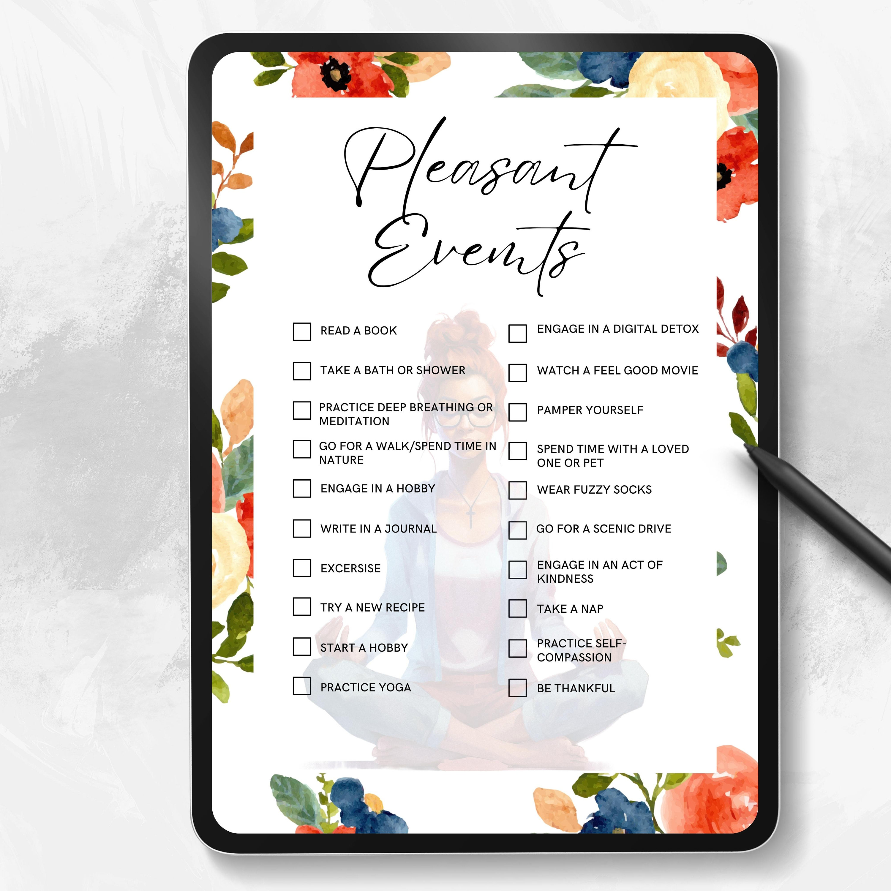 Mental Health Checklist Worksheet, Pleasant Events, Positive Activity ...