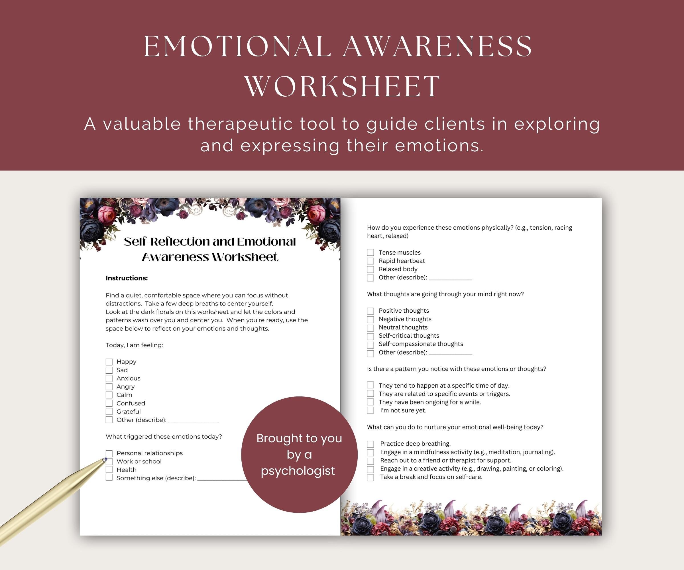 Emotional Awareness Worksheet, Therapy Worksheets, Psychologist ...