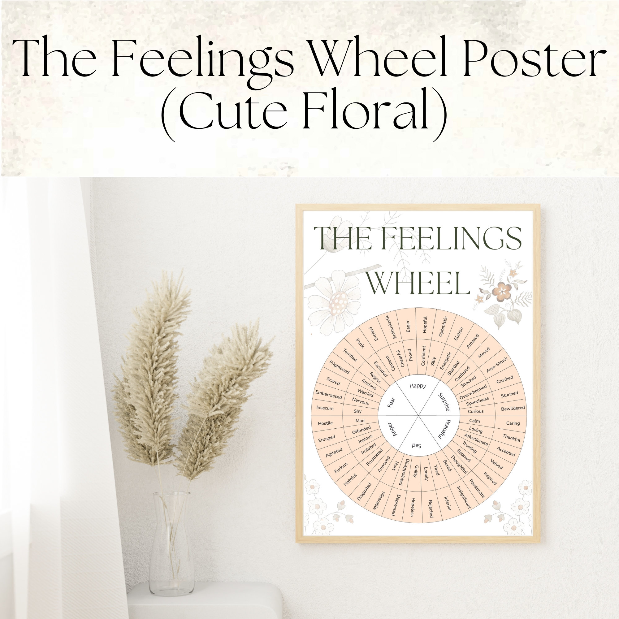 Feelings Wheel Floral, Digital Mental Health Poster for Anxiety Relief ...