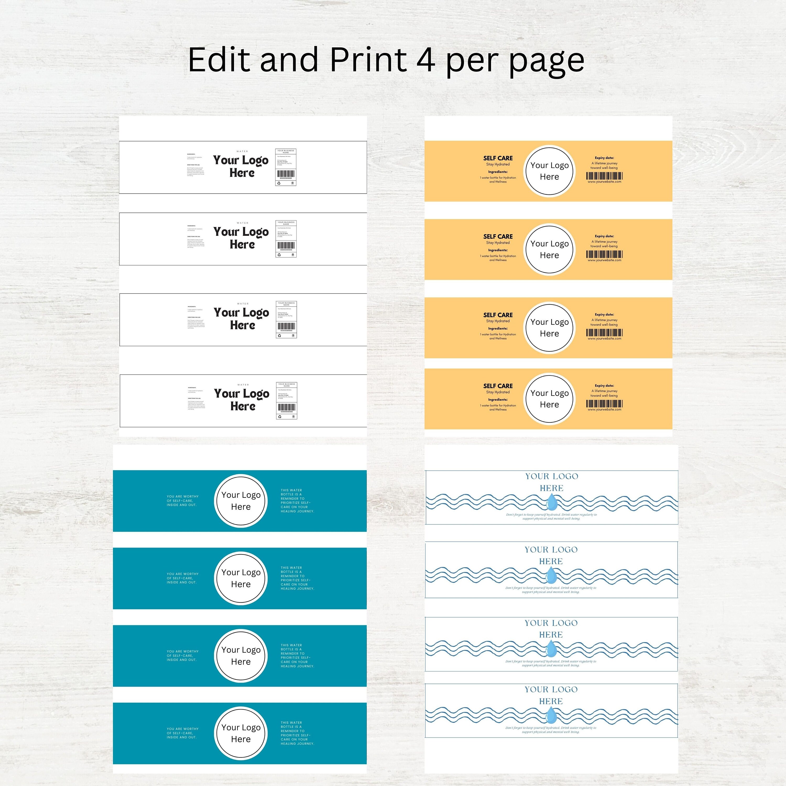 Water Bottle Labels Template Printable 8 12oz 4 Designs Customizable
