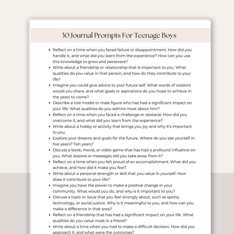 Journal Prompts for Teenage Boys, 30 Writing Prompts, Self-care ...