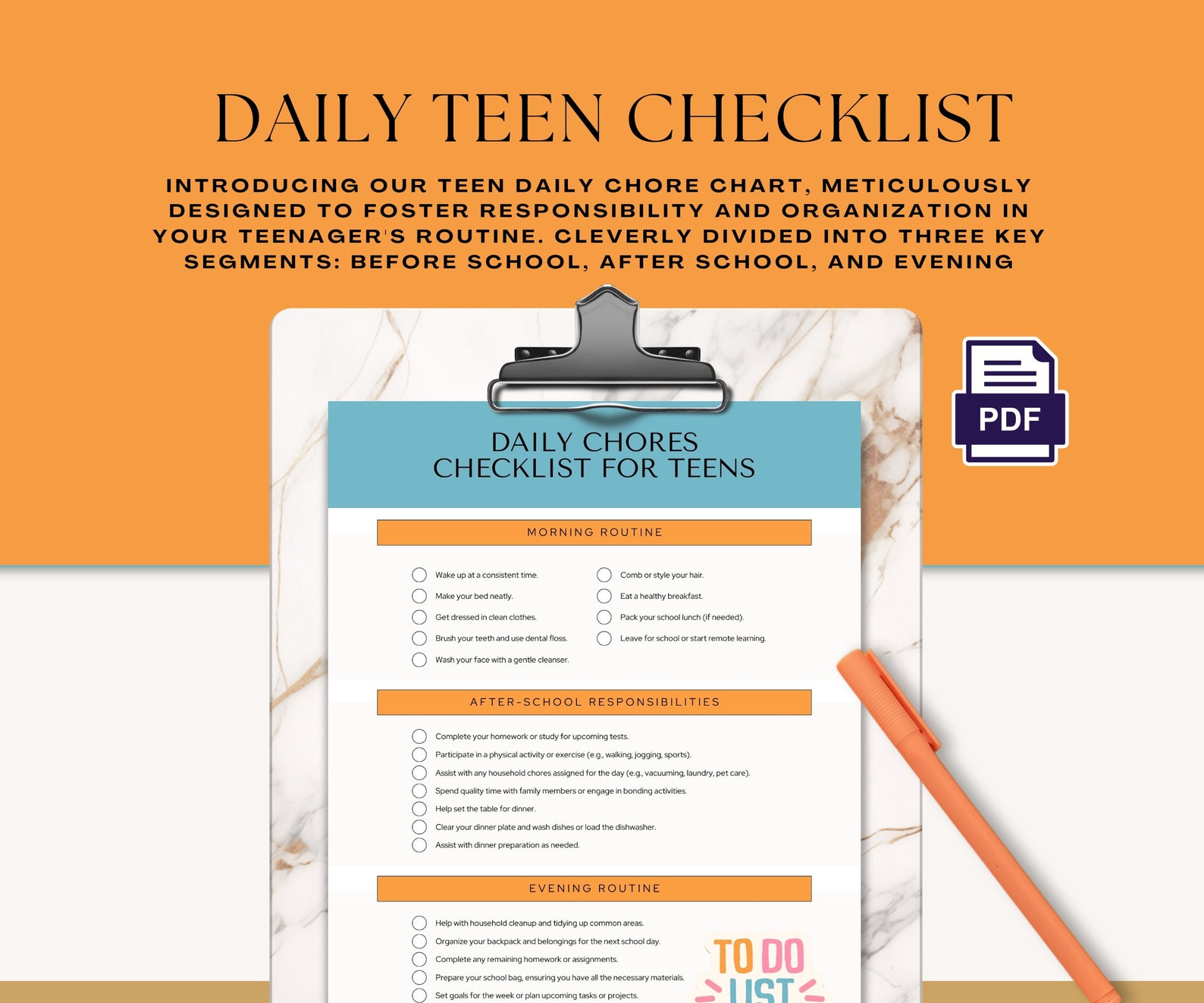 Chore Chart for Teens | Kids Daily Weekly Schedule | Responsibility ...