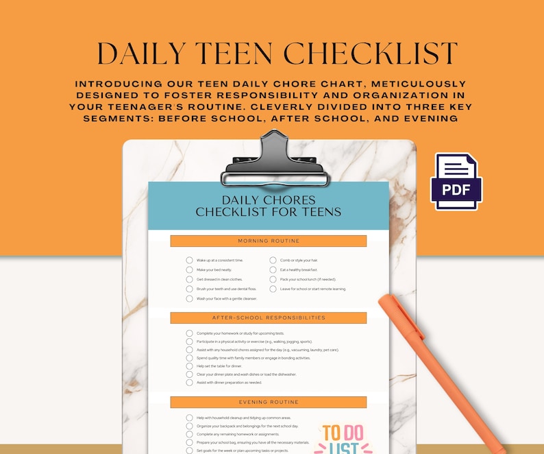 Chore Chart for Teens | Kids Daily Weekly Schedule | Responsibility ...