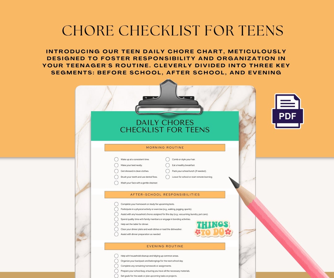 Chore Chart for Teens Kids Daily Weekly Schedule Responsibility Chart ...