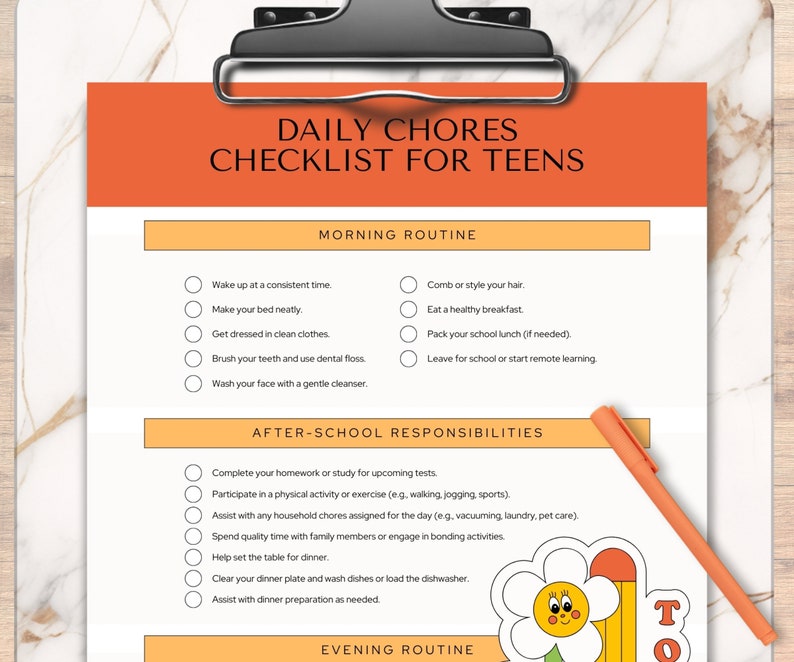Chore Chart for Teens | Kids Daily Weekly Schedule | Responsibility ...