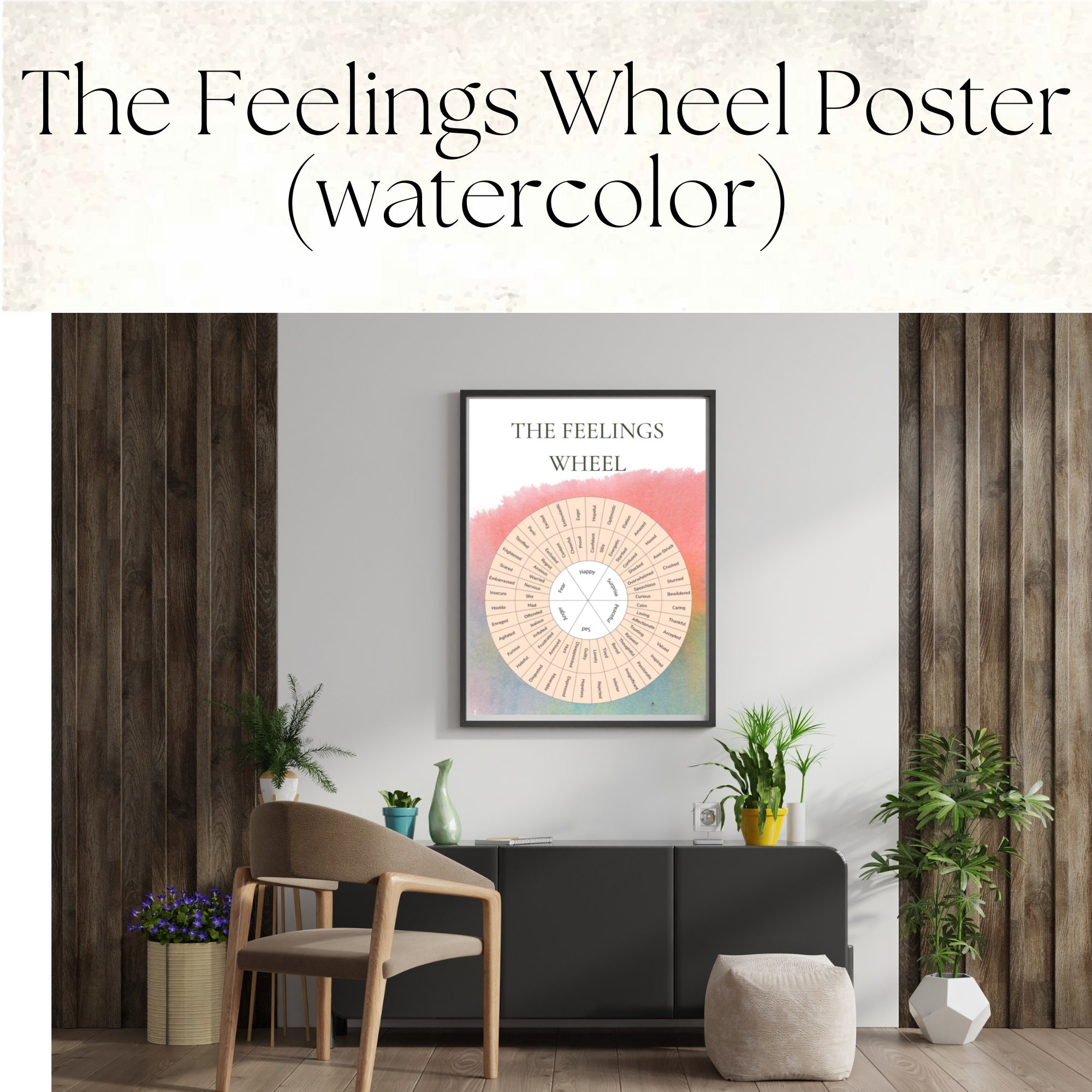 Feelings Wheel Watercolor, Digital Mental Health Poster for Anxiety ...