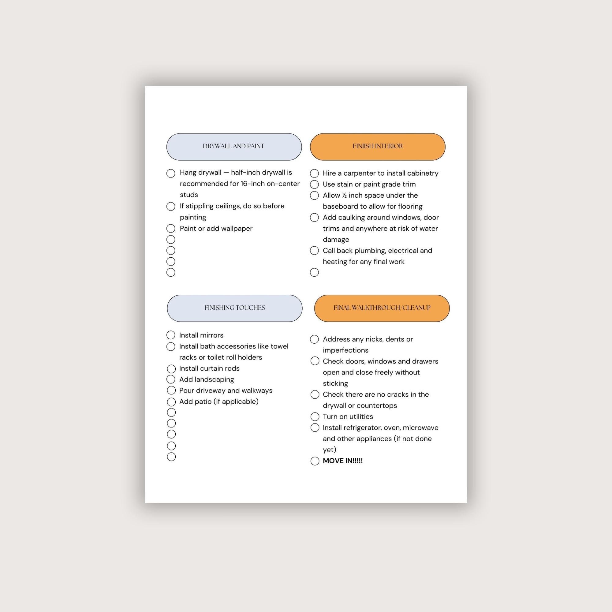 Printable New Home Construction Checklist, Home Construction Planner ...