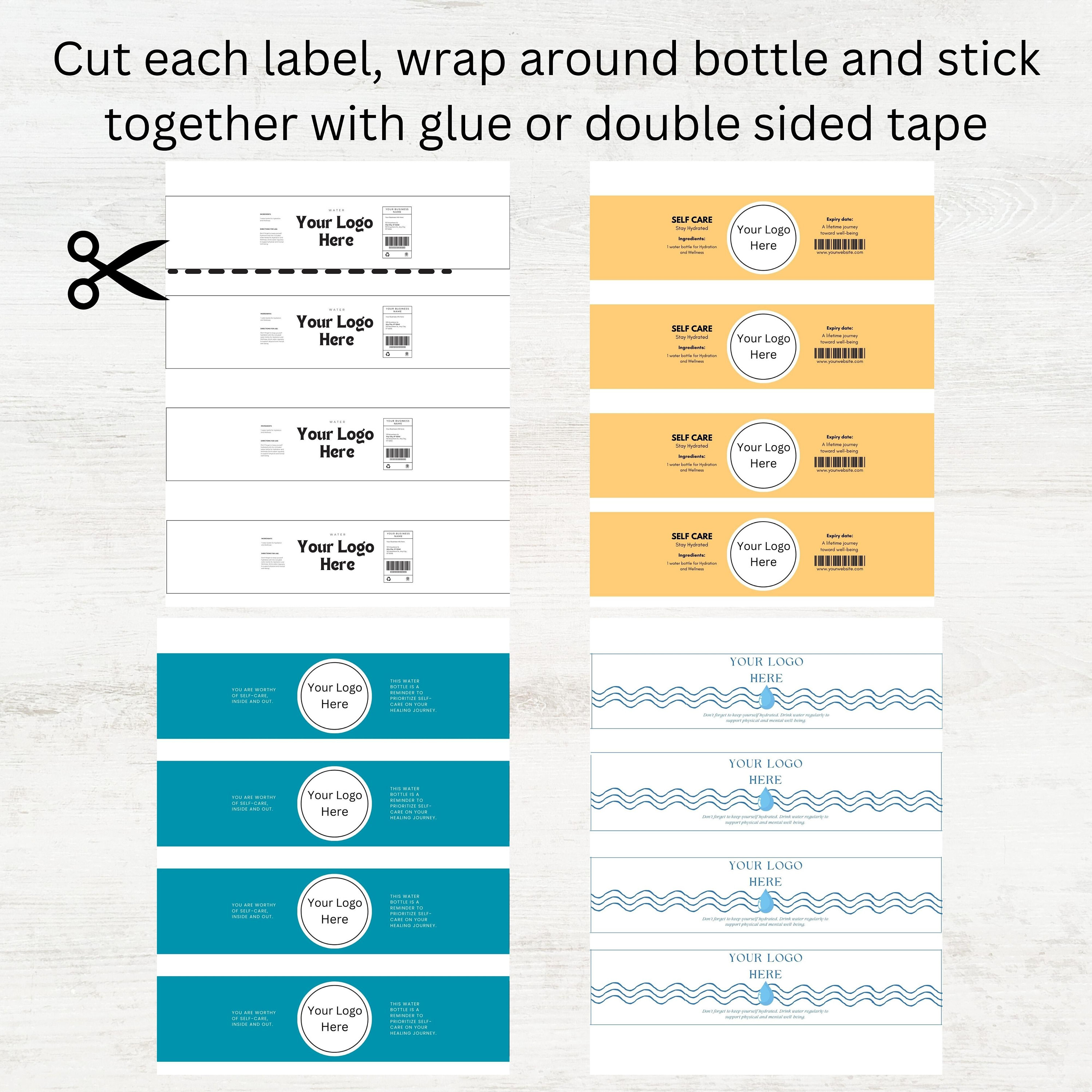 Water Bottle Labels Template Printable, 8-12oz, 4 Designs, Customizable ...