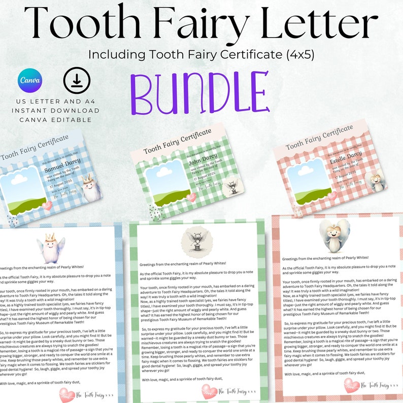 Printable Letter From Tooth Fairy Bundle, Editable Tooth Certificate ...