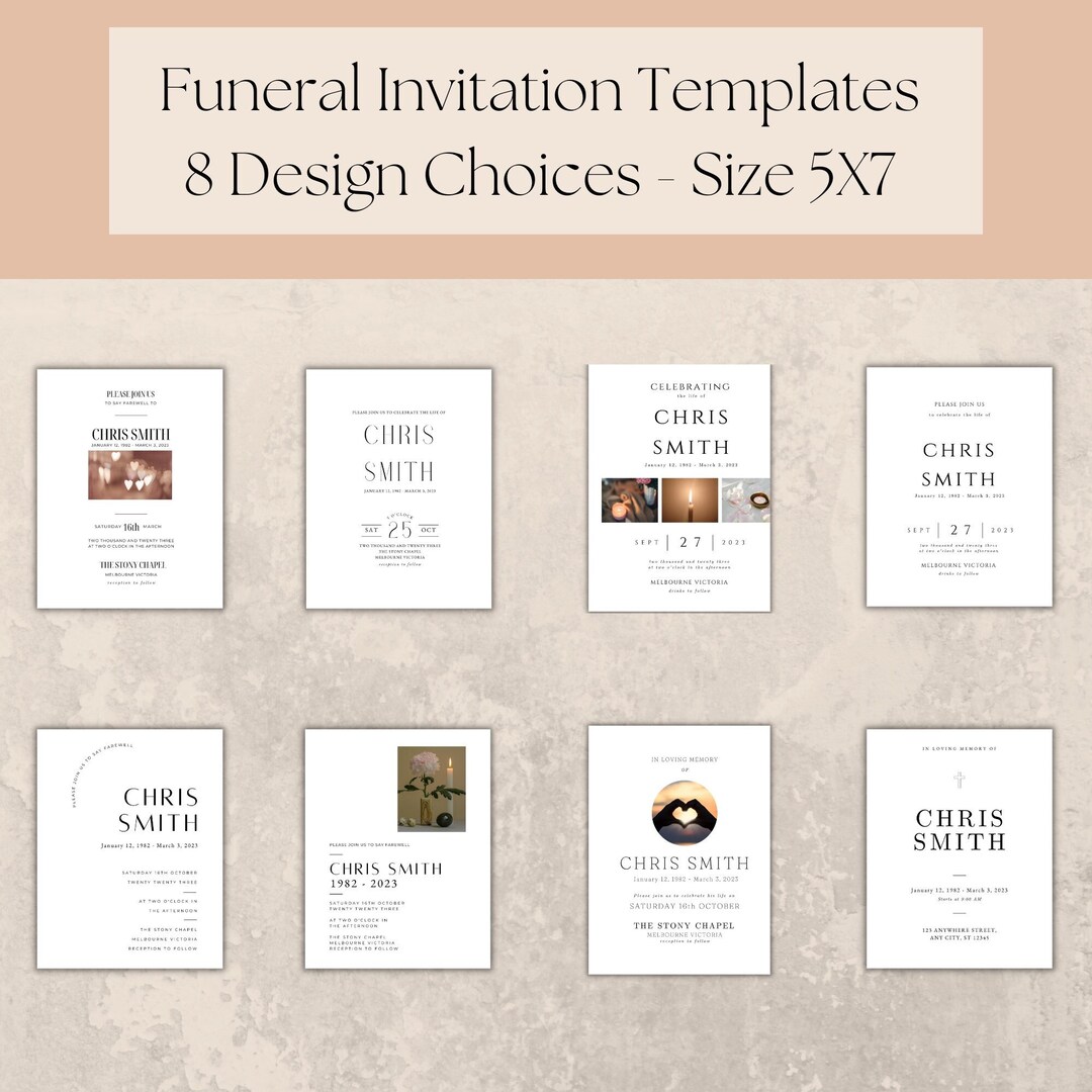 8 Digital Modern Funeral Invitation Card Templates, Printable Instant ...